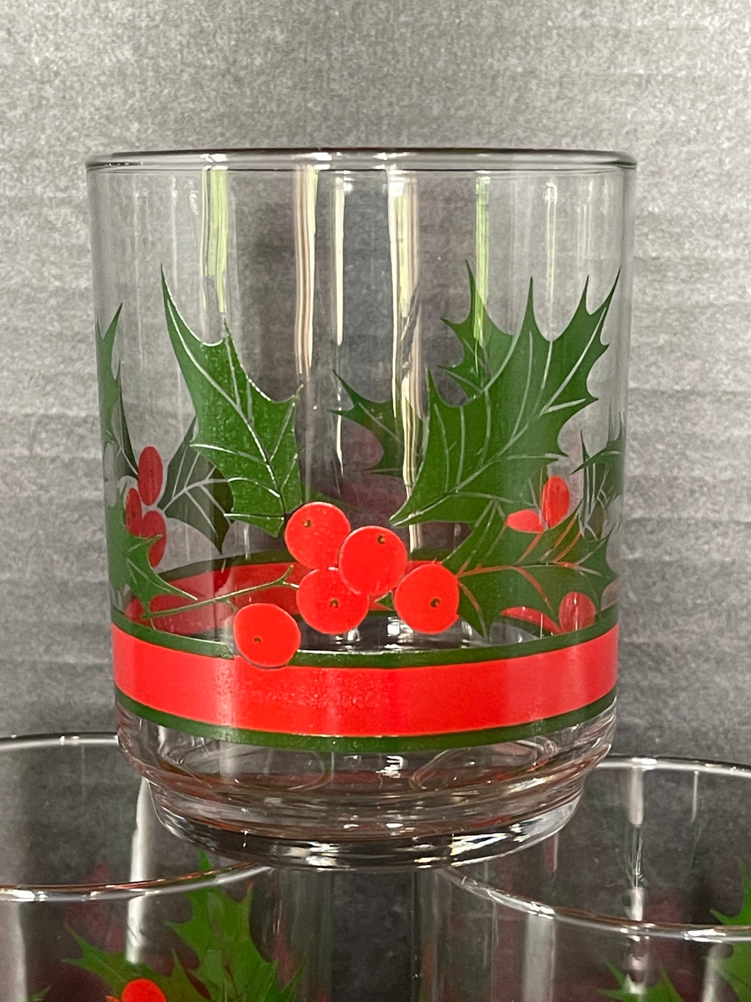 1980's Libby 6 Double Old Fashion Bold Green Holly & Red Berries, Straight Sided Glasses ...