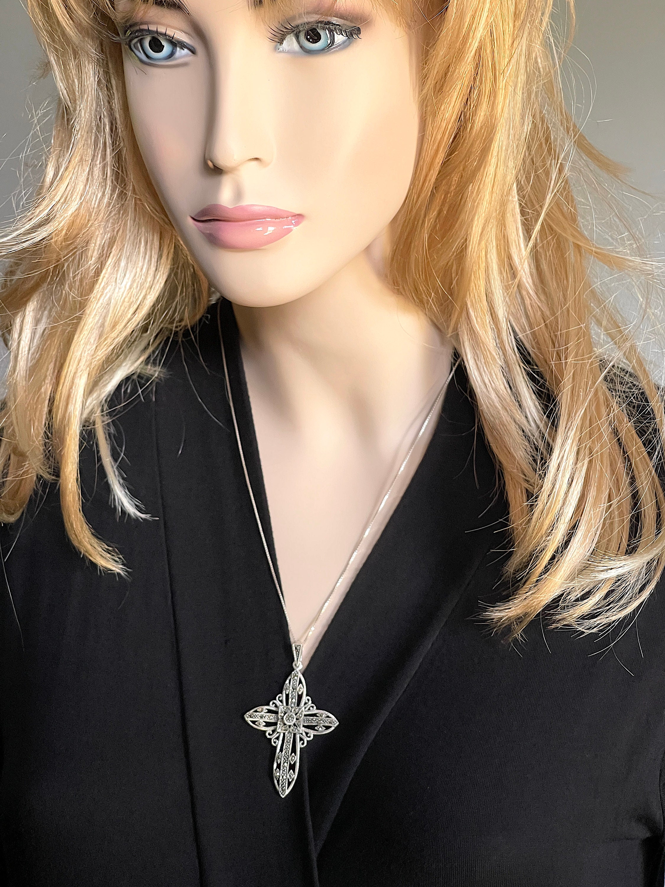 1960's-70's Sterling and Marcasite Cross Pendant Open - Etsy