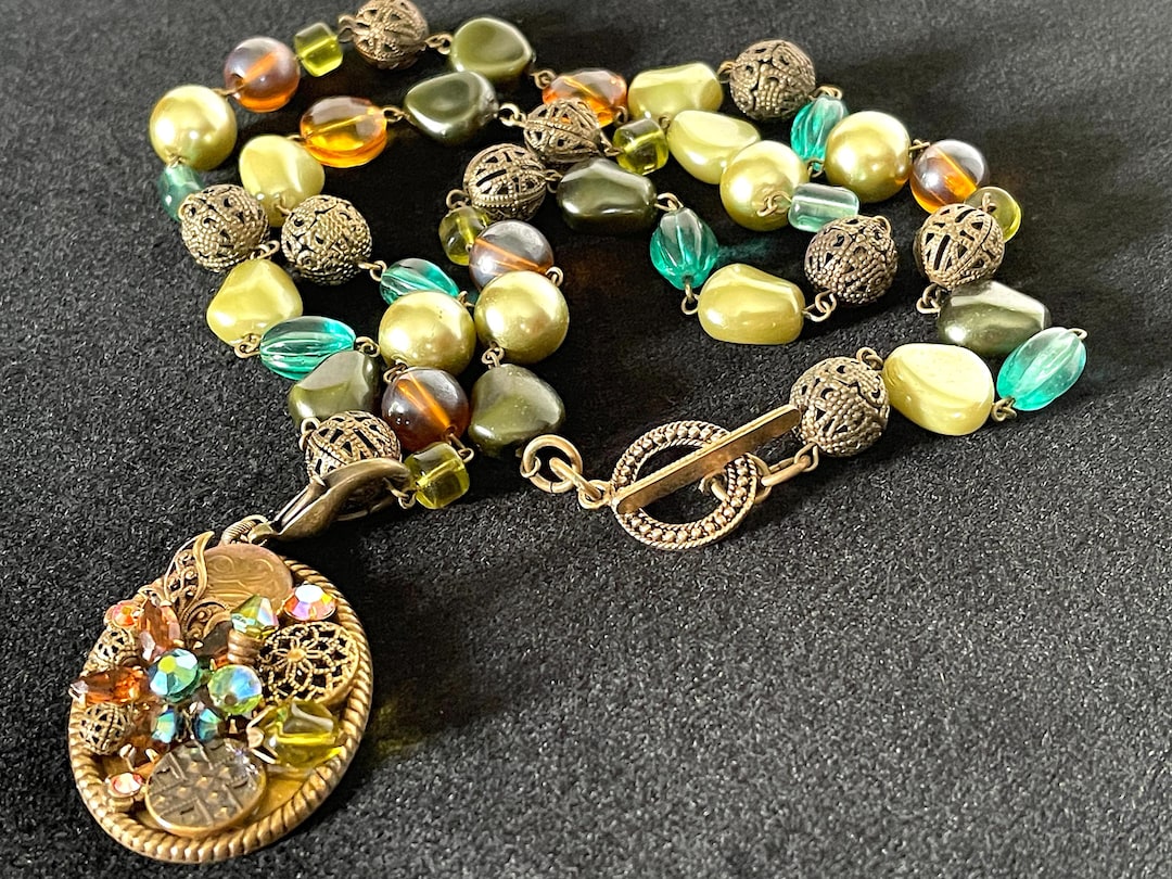 1990s Re-created Oval Medallion Collage of Beads & Fancy Discs Necklace ...