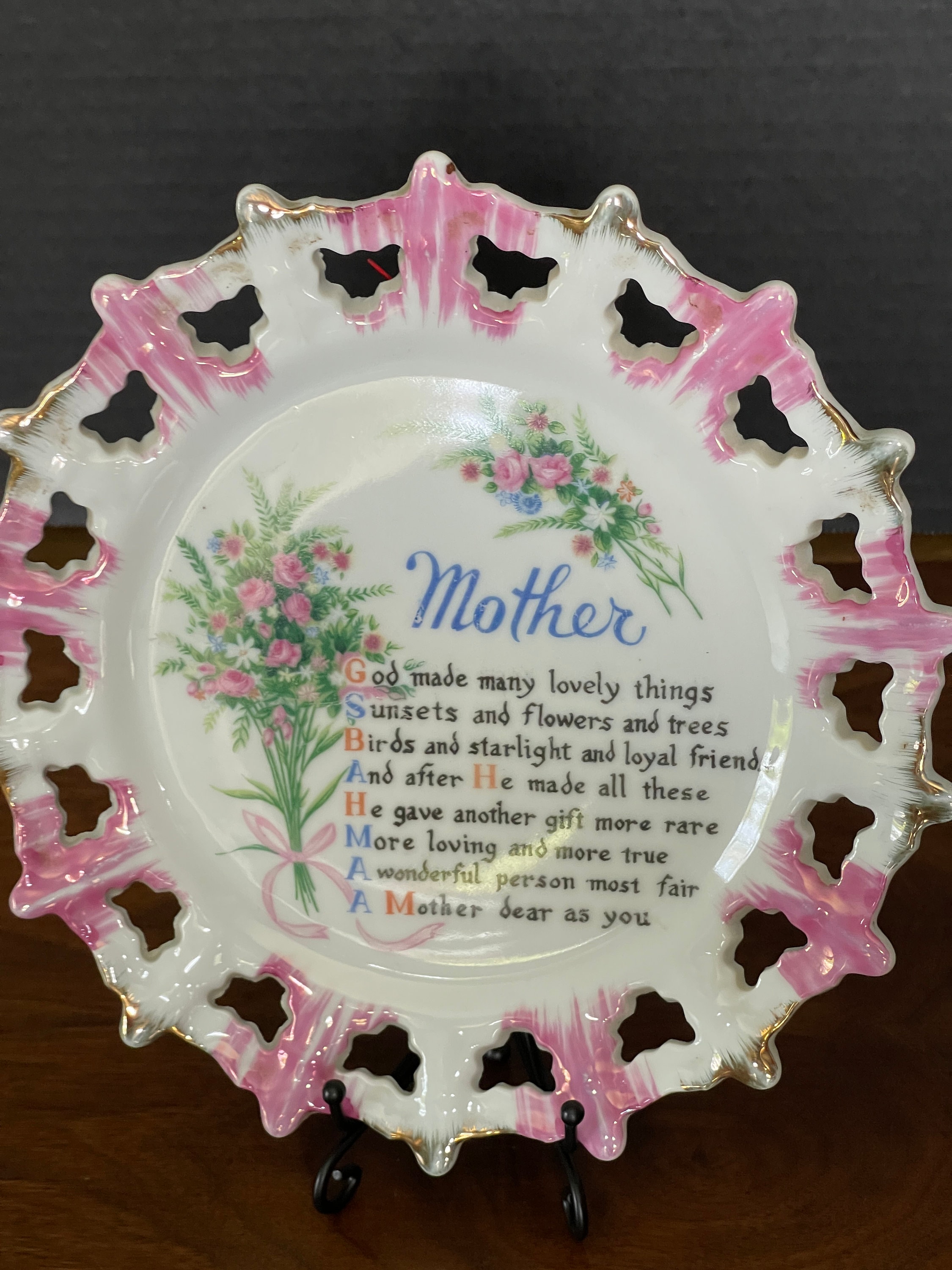 1950's Mother Poem Wall Plate, Fleur De Lis Reticulated Edge Pink ...