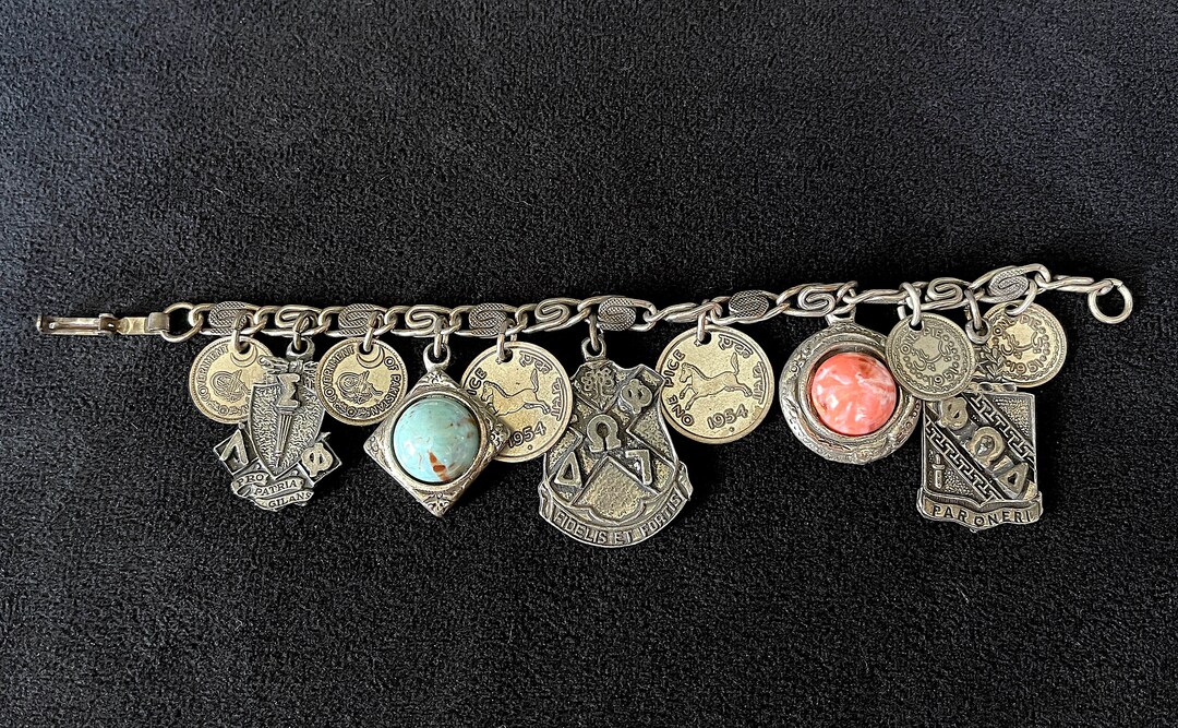 1960's Silver Tone Chain, Coins & Greek Plaques W Art Glass Cabs. Dk ...
