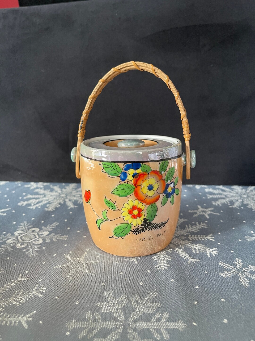 1920's Lusterware Lidded Biscuit Jar W Rattan Handle,polychrome Floral ...