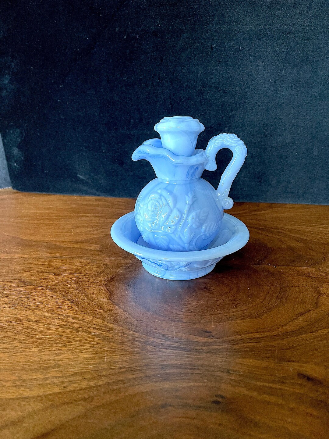 1978 AVON Miniature Light Blue Swirl Glass Pitcher W Stopper and Basin ...