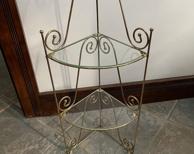 1970's Home Interior's 3 Tiered Brass and Glass Corner Shelf, Wall or ...