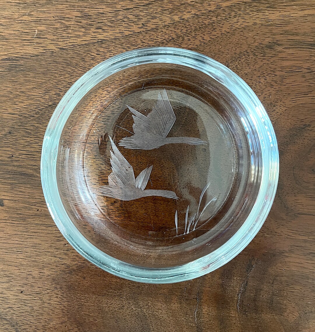 1950's Glass Hand Etched Crystal Coaster, 2 Geese Taking Flight W Grass ...