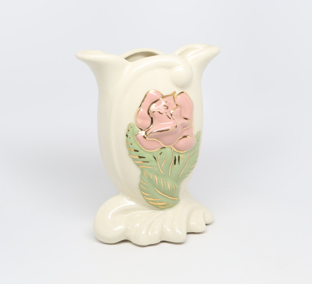 40's-50's Art Deco Ceramic Rose Vase Made in USA, Cream W Gold Pink ...