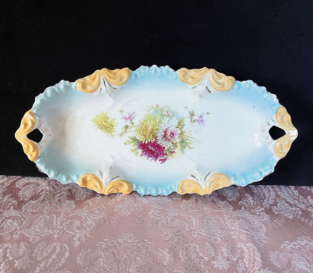 1920's European Porcelain Celery Dish, Floral Central Motif, Blue Air ...