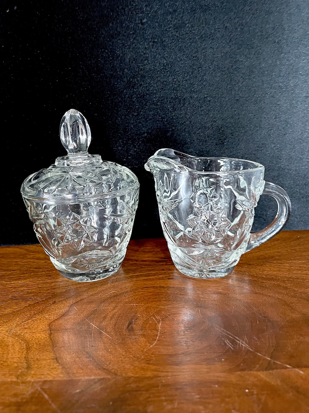 Anchor Hocking Star of David Pressed Glass Sugar Bowl W Lid and Creamer ...