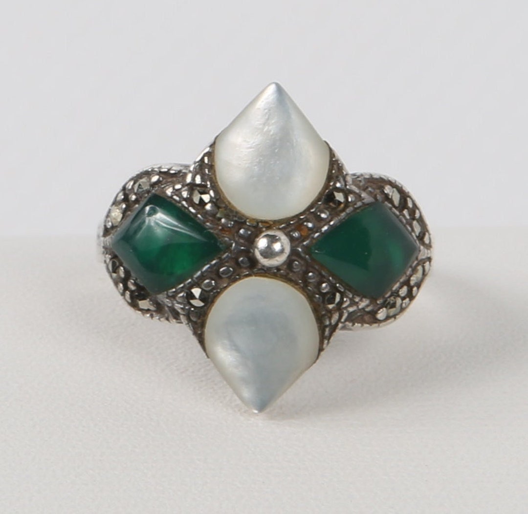 1970's Agate MOP Ring W Marcasites Sterling Silver Thai Design ...