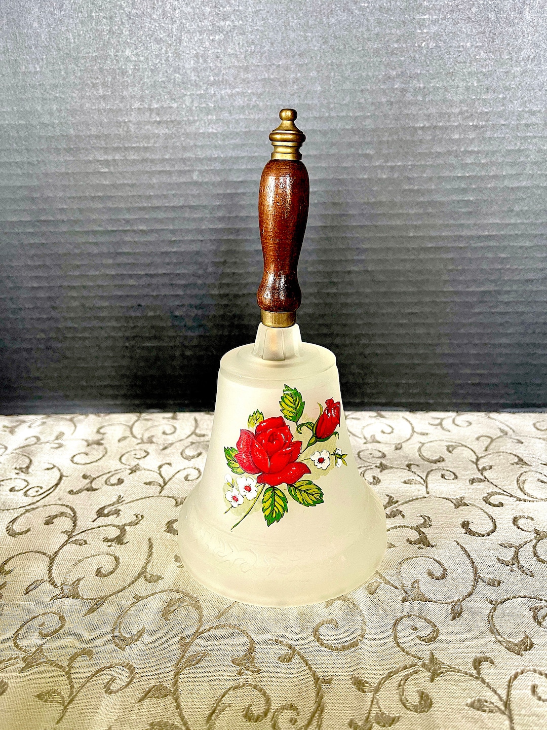 1970's-80's Large Frosted Glass Bell W Red Rose & Tiny White Flower ...
