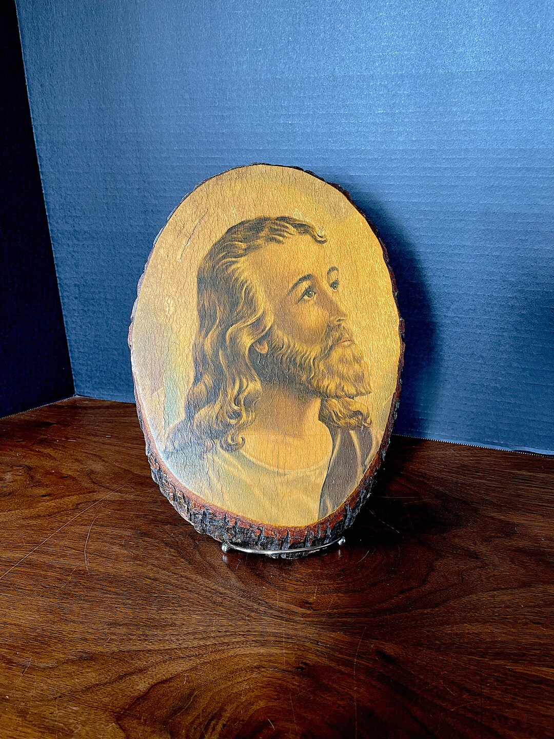 1970's B 2 Inspiration Decoupage Jesus on Wood Slab With Bark Edge, A ...