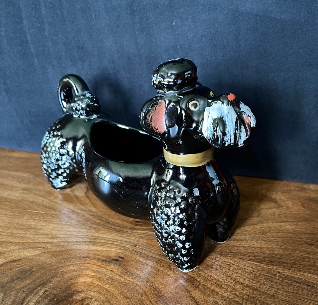 1950's Mid Century Black Glaze Red Ware Poodle Planter, Hand Painted ...