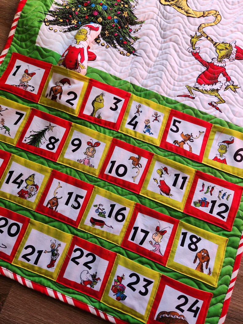Holiday Advent Calendar, Grinch Advent Calendar, Quilted Wall Hanging ...