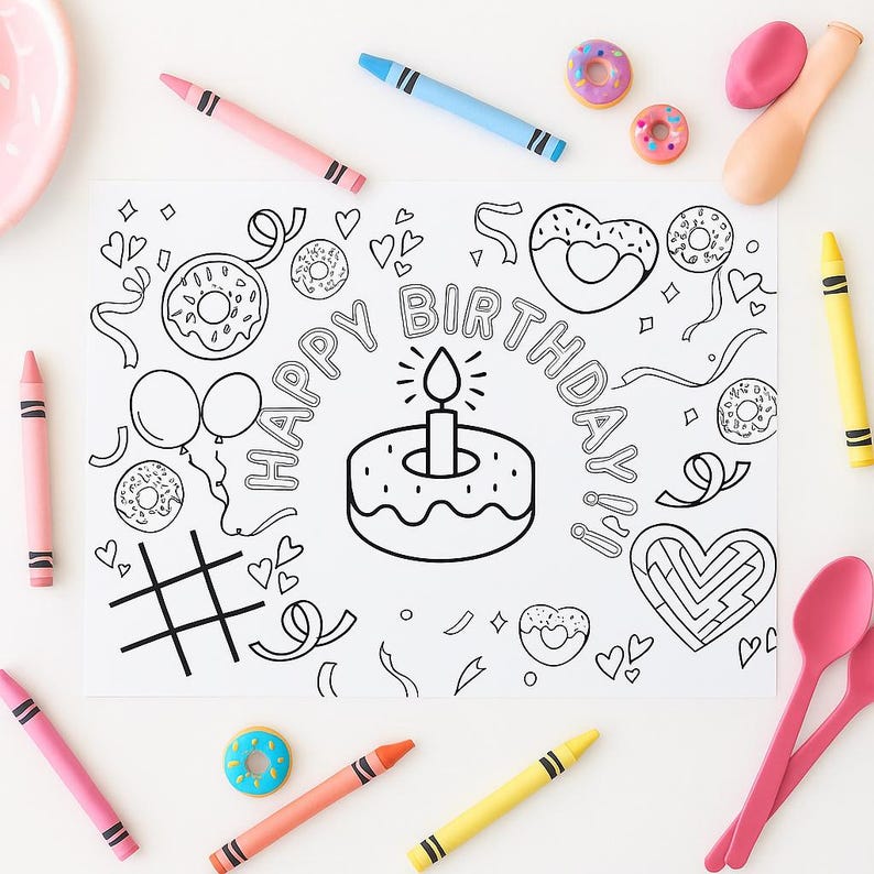 Donut Birthday Coloring Page: Kids Party Activity (PDF Download) - Etsy