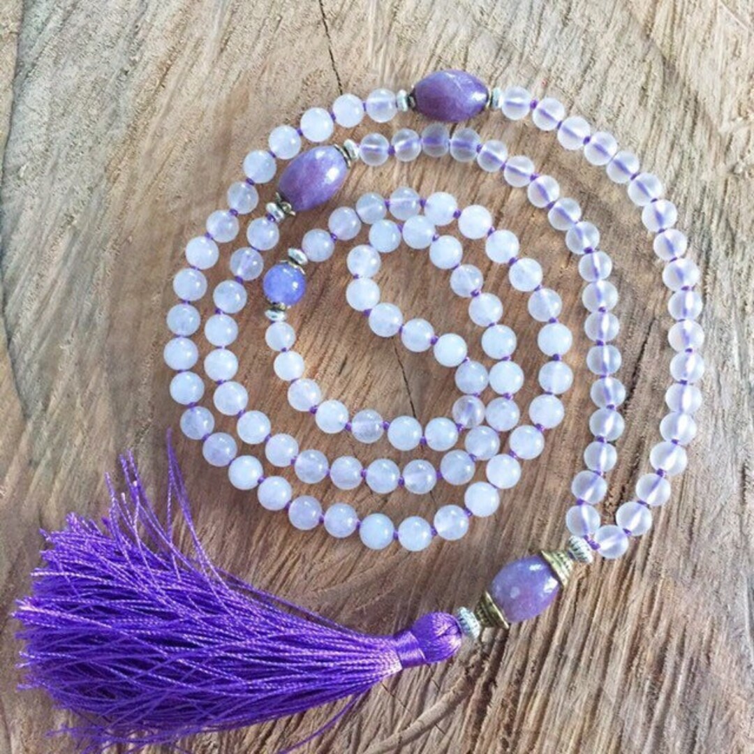 Hand knotted bead necklace, 108 mala beads, violet tassel necklace ...