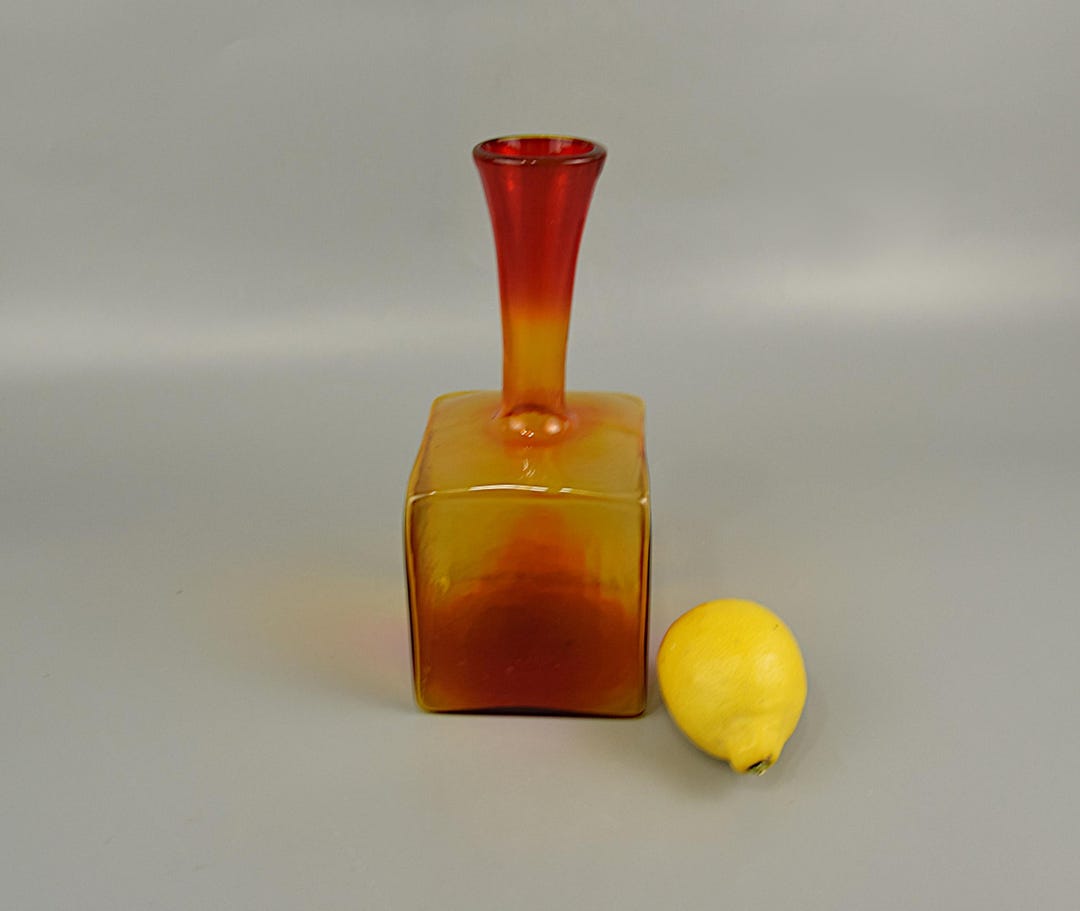 Mid Century BLENKO Tangerine Square Glass Vase Joel Myers, Amberina ...