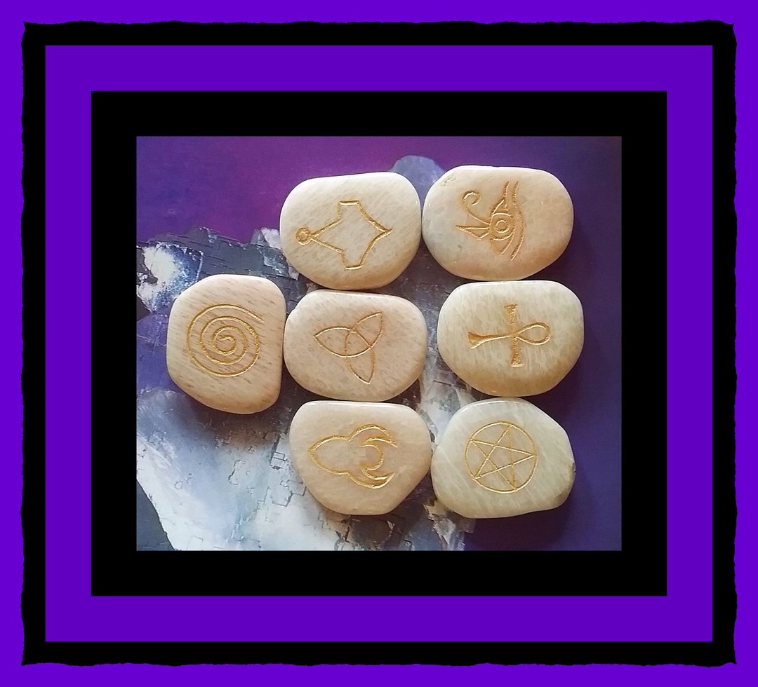 MOONSTONE WICCAN RUNE Set, Extra Large 7 Stone Witches Rune Symbol Set ...