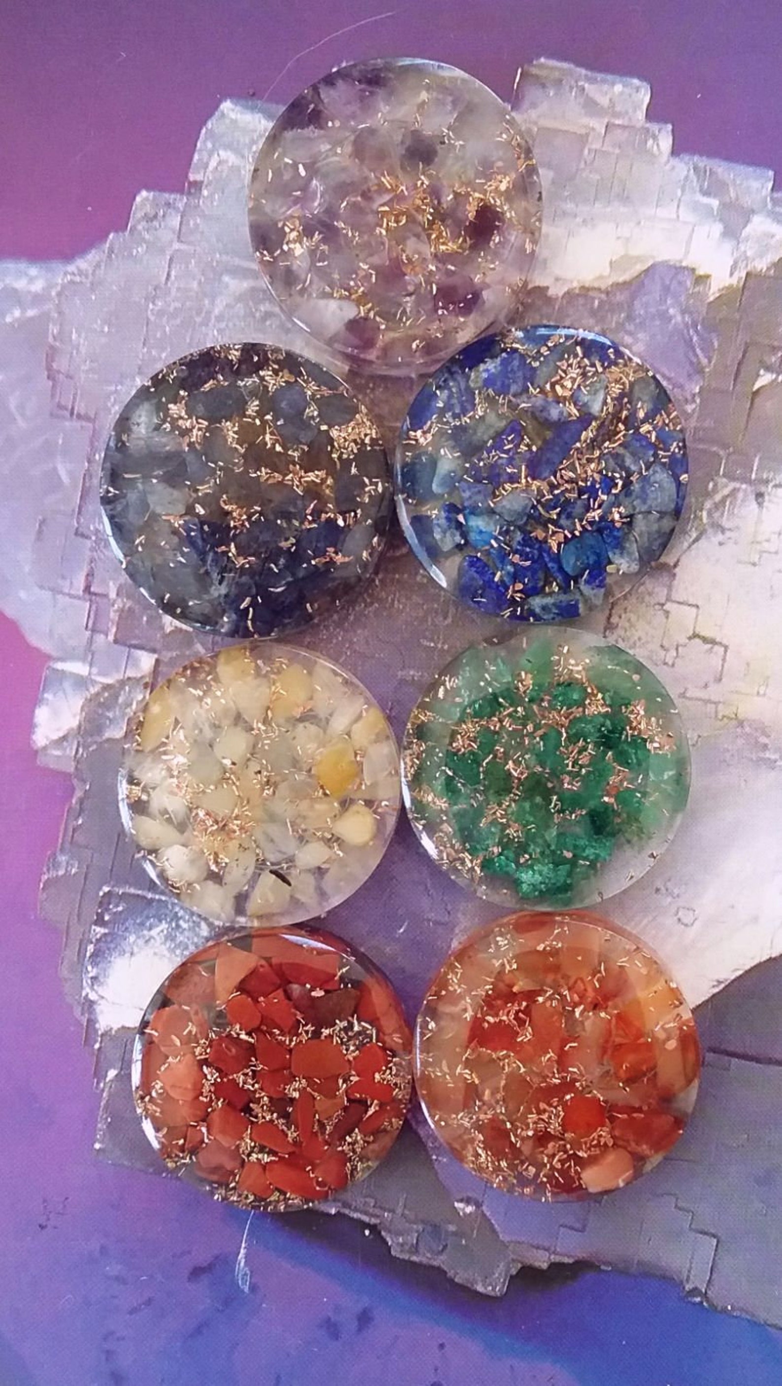 ORGONE Chakra Crystal DISC SET, 7 Piece Round Orgone Chakra Symbol Gold ...