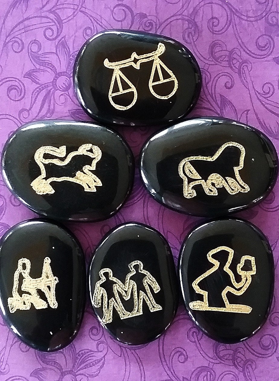 OBSIDIAN Rune Set, Large 12 Stone Engraved ASTROLOGY Rune Set ...