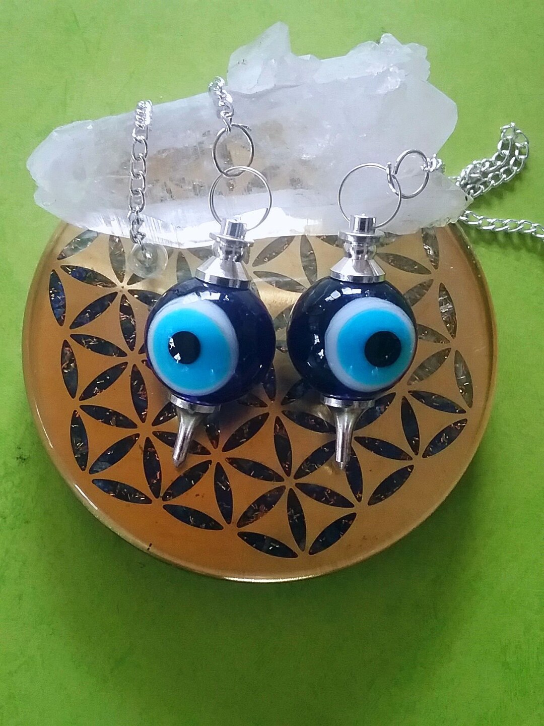 EVIL EYE Dowsing Pendulums, 2 Silver Mounted BALL Dowsing Pendulums With Chains and Pouches ...