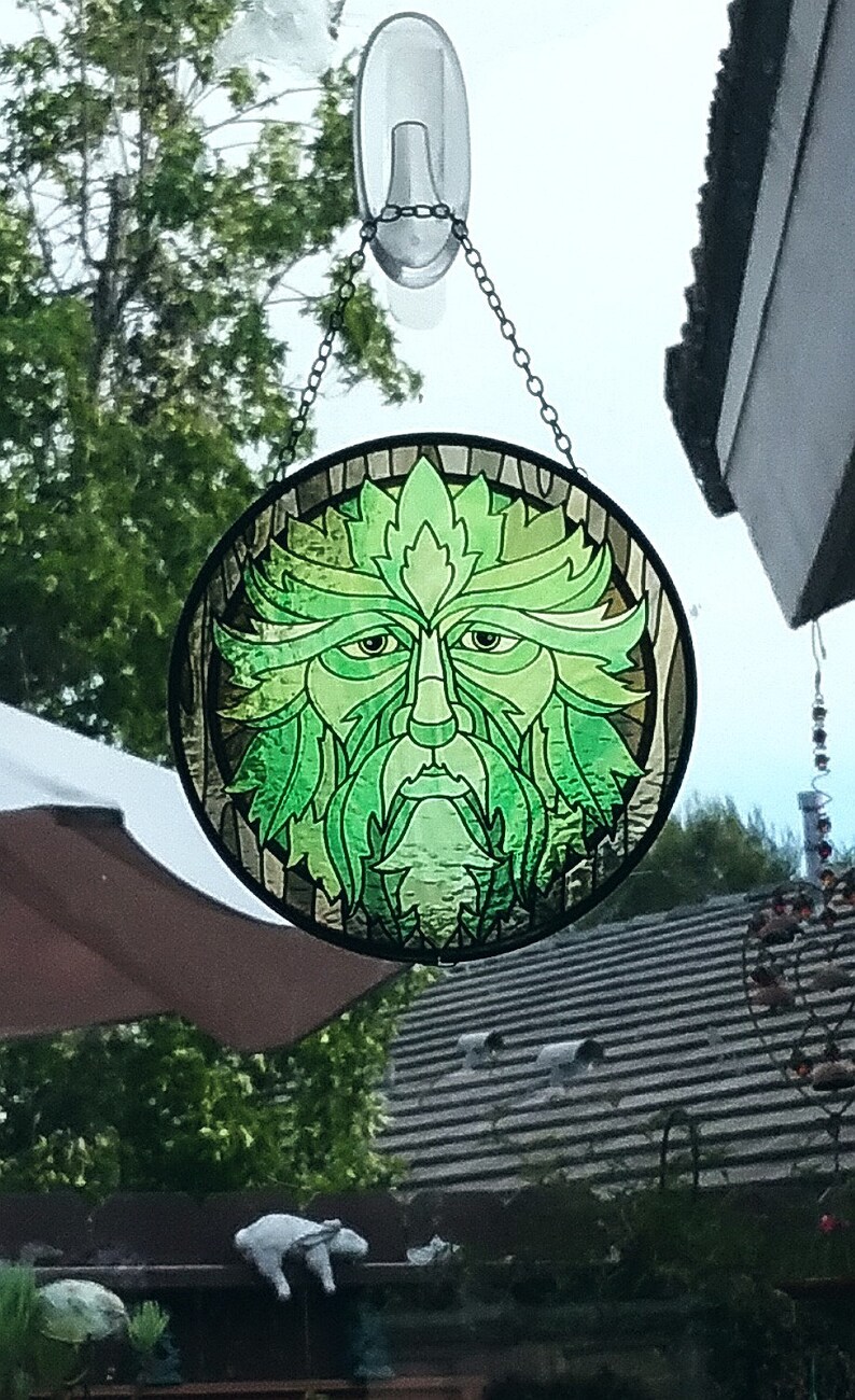 GREEN MAN Stained Glass Look SUNCATCHER Hanging Pagan Rebirth | Etsy