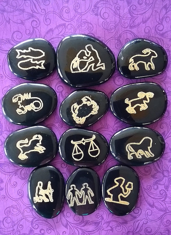 OBSIDIAN Rune Set Large 12 Stone Engraved ASTROLOGY Rune Set | Etsy