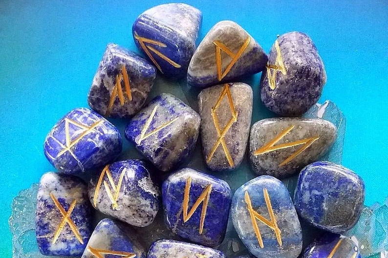LAPIS LAZULI RUNE Set Extra Large Gold Engraved Rune Stone - Etsy