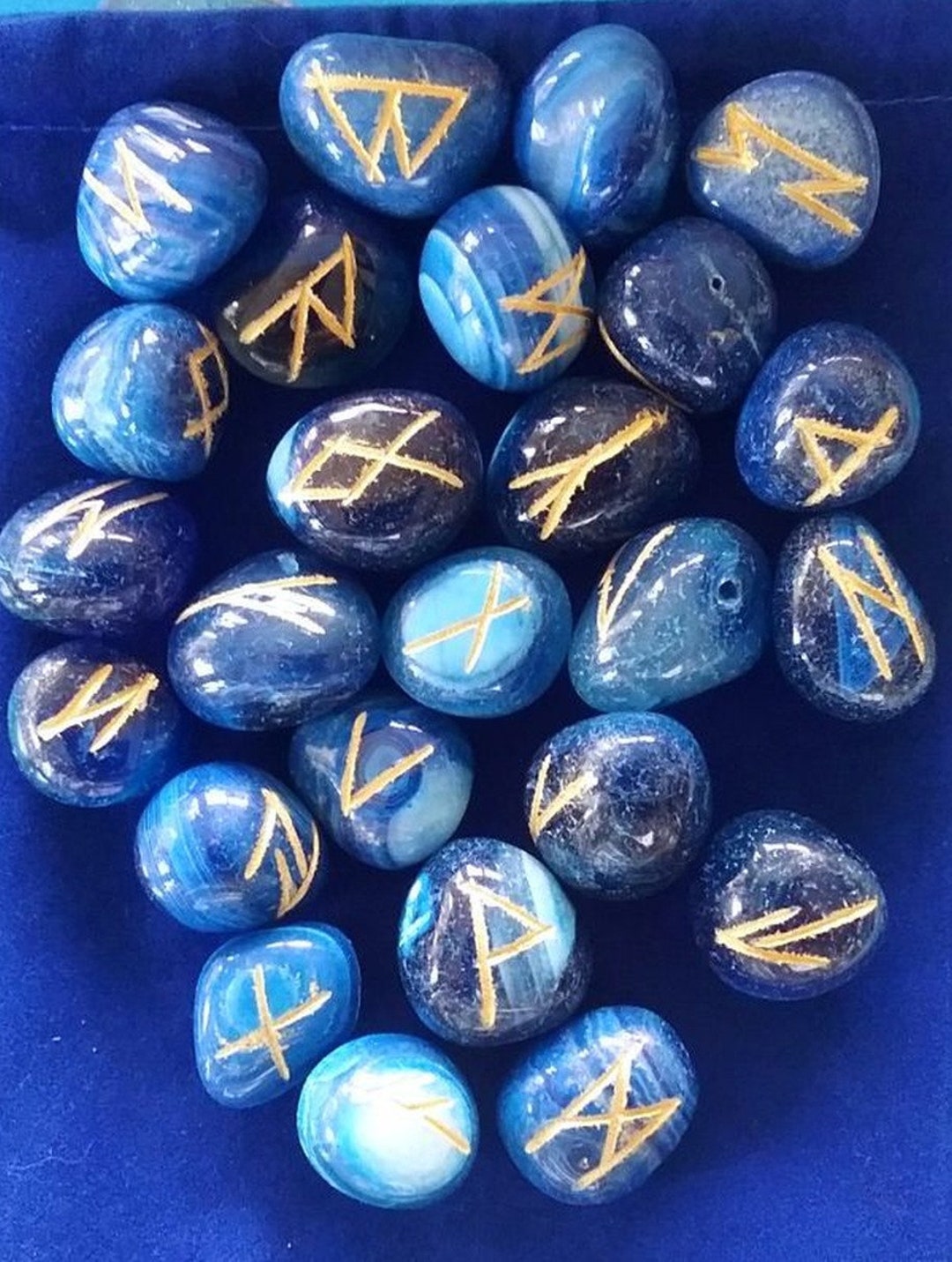 BLUE ONYX RUNE Set, Rare Gold Engraved Blue Onyx Rune Stone Set With ...