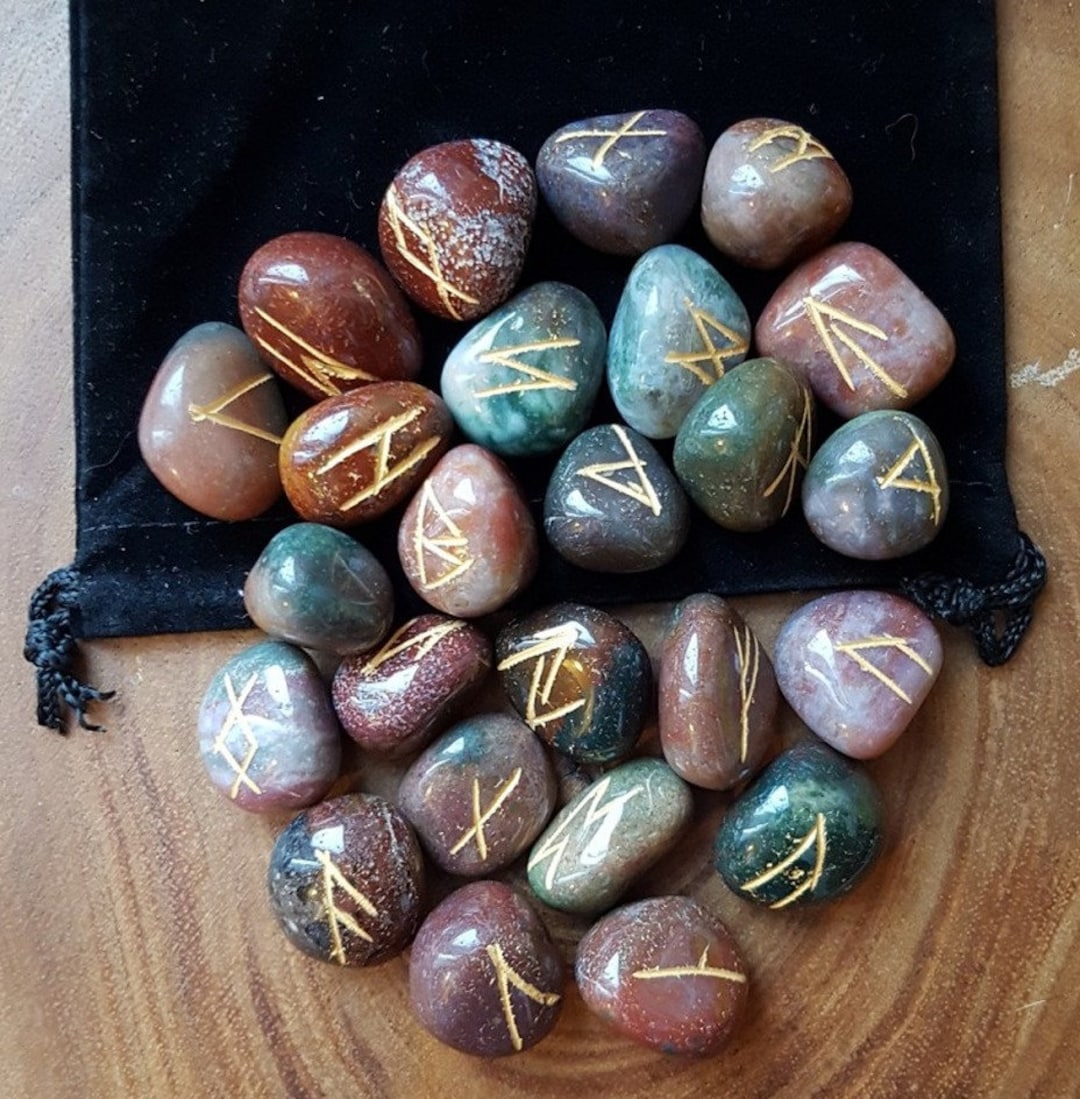 FANCY JASPER RUNE Set, Rare Gold Engraved Fancy Jasper Rune Stone Set ...