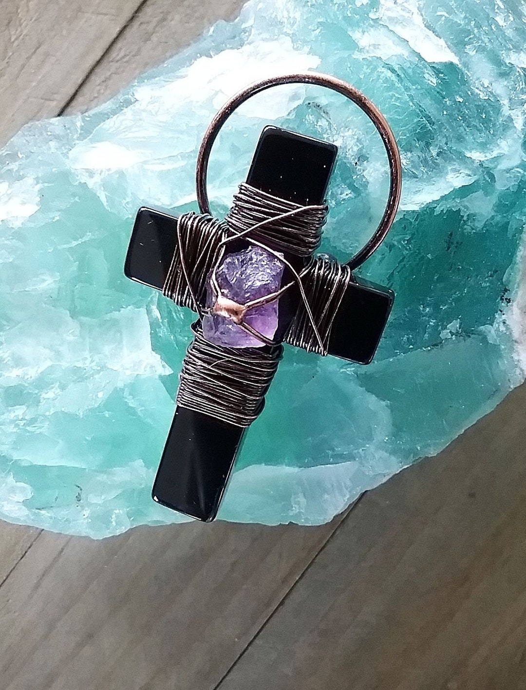 OBSIDIAN CROSS Pendant, Black Obsidian Cross With Raw Amethyst and ...