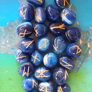 BLUE ONYX RUNE Set, Rare Gold Engraved Blue Onyx Rune Stone Set With ...