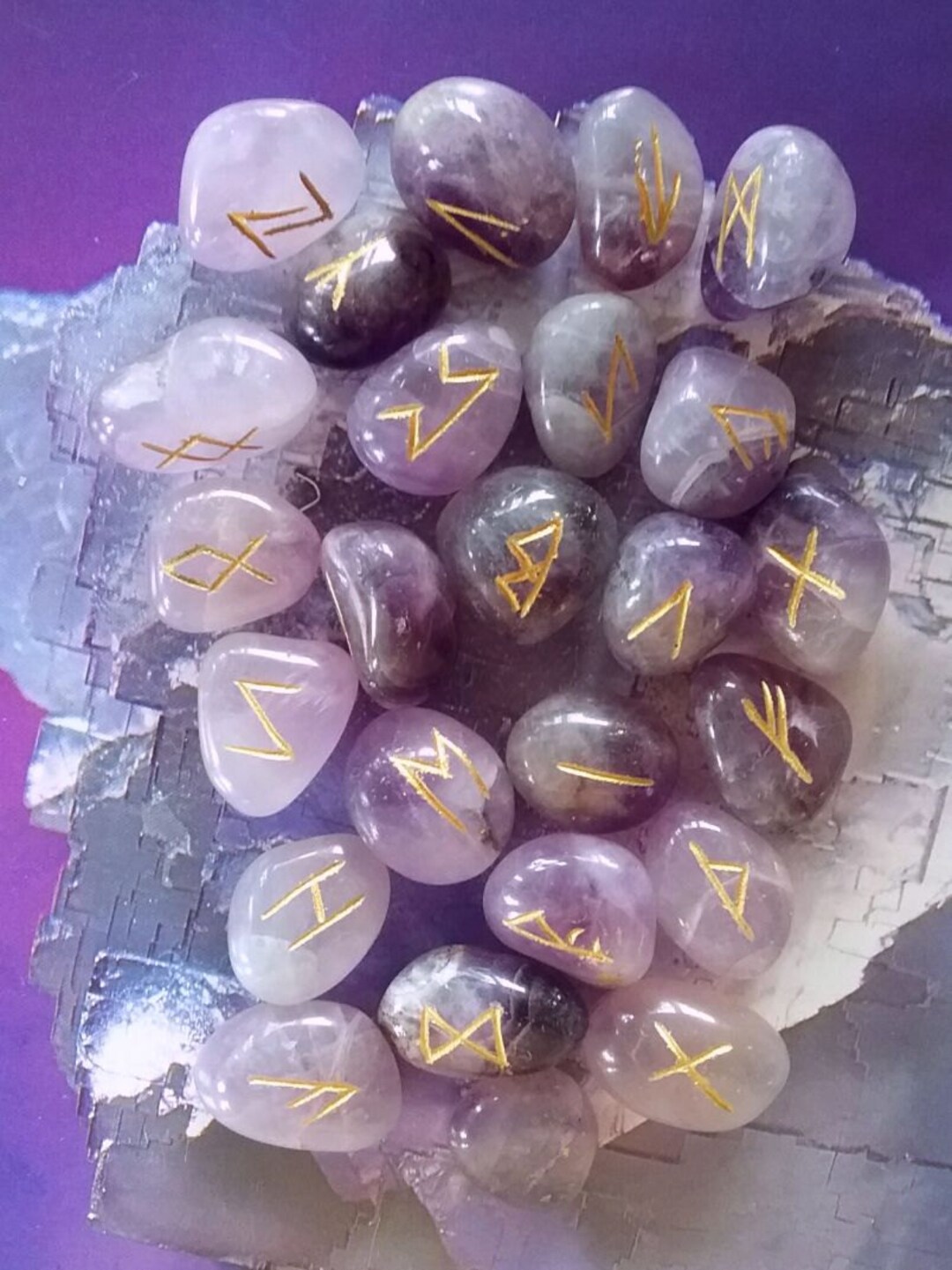 AMETHYST RUNE Set, Engraved Purple Amethyst Crystal Rune Stone Set ...