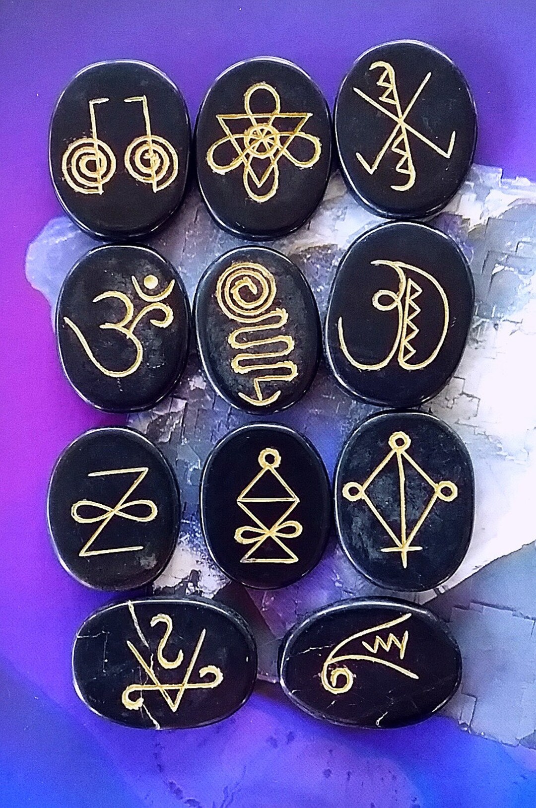 KARUNA Rune Set, Large 11 Piece BLACK TOURMALINE Crystal Engraved ...