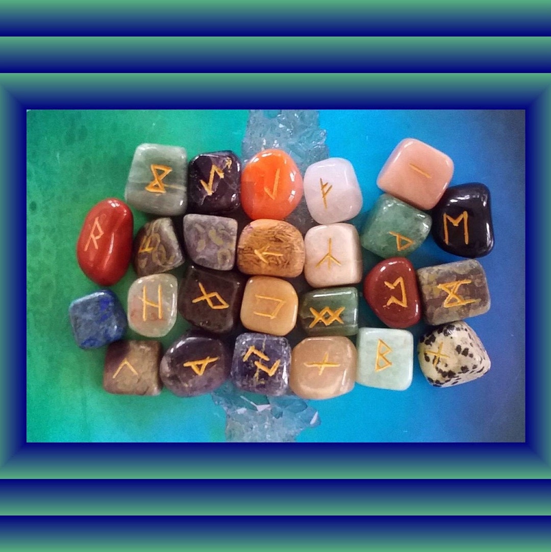 CHAKRA RUNE Set, Huge Gold Engraved Rune Stone Set With Mixed Crystals ...