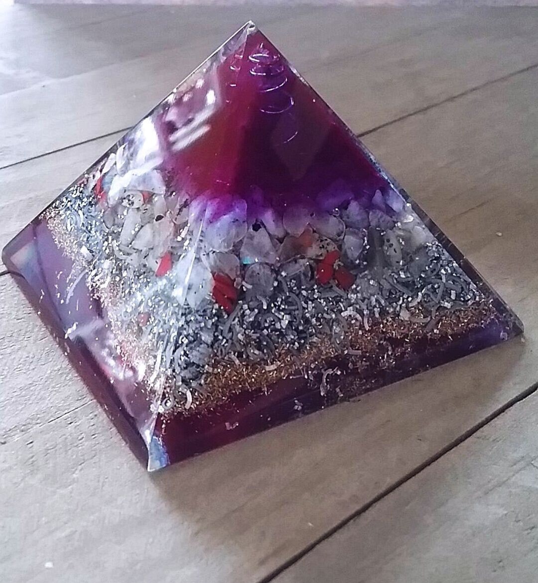 ORGONE PYRAMID With MOONSTONE, Gold and Crystal Point With Copper Wrap ...