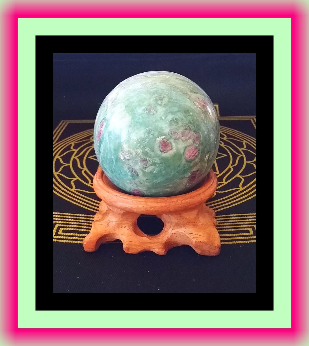 Ruby in Fuchsite Sphere: Hand Carved Crystal Ball With Teakwood Stand ...