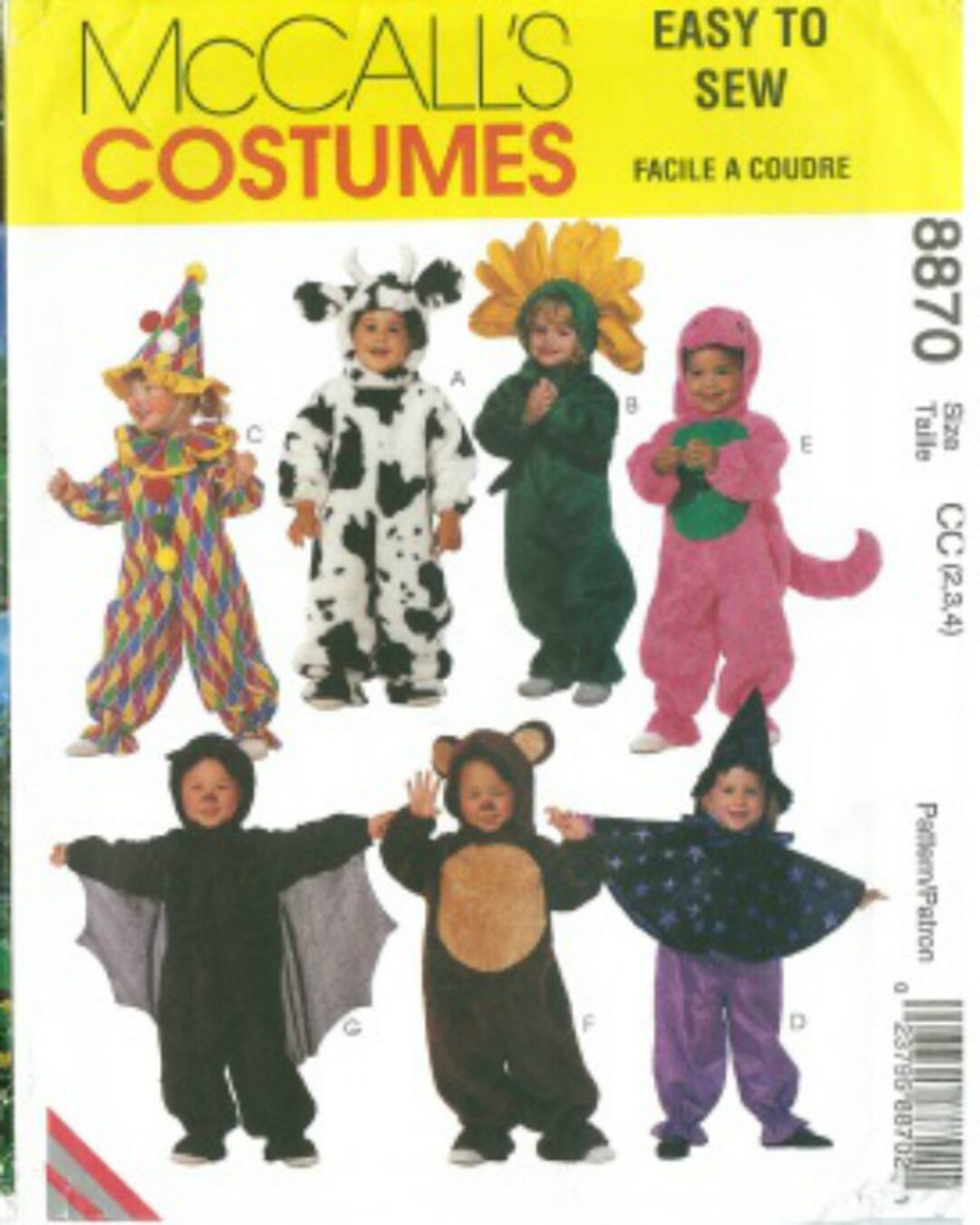 Mccalls 8870|2852|6804 Toddlers' Barney, Cow, Bat, Bear, Clown, Flower & Witch Costumes Pattern ...
