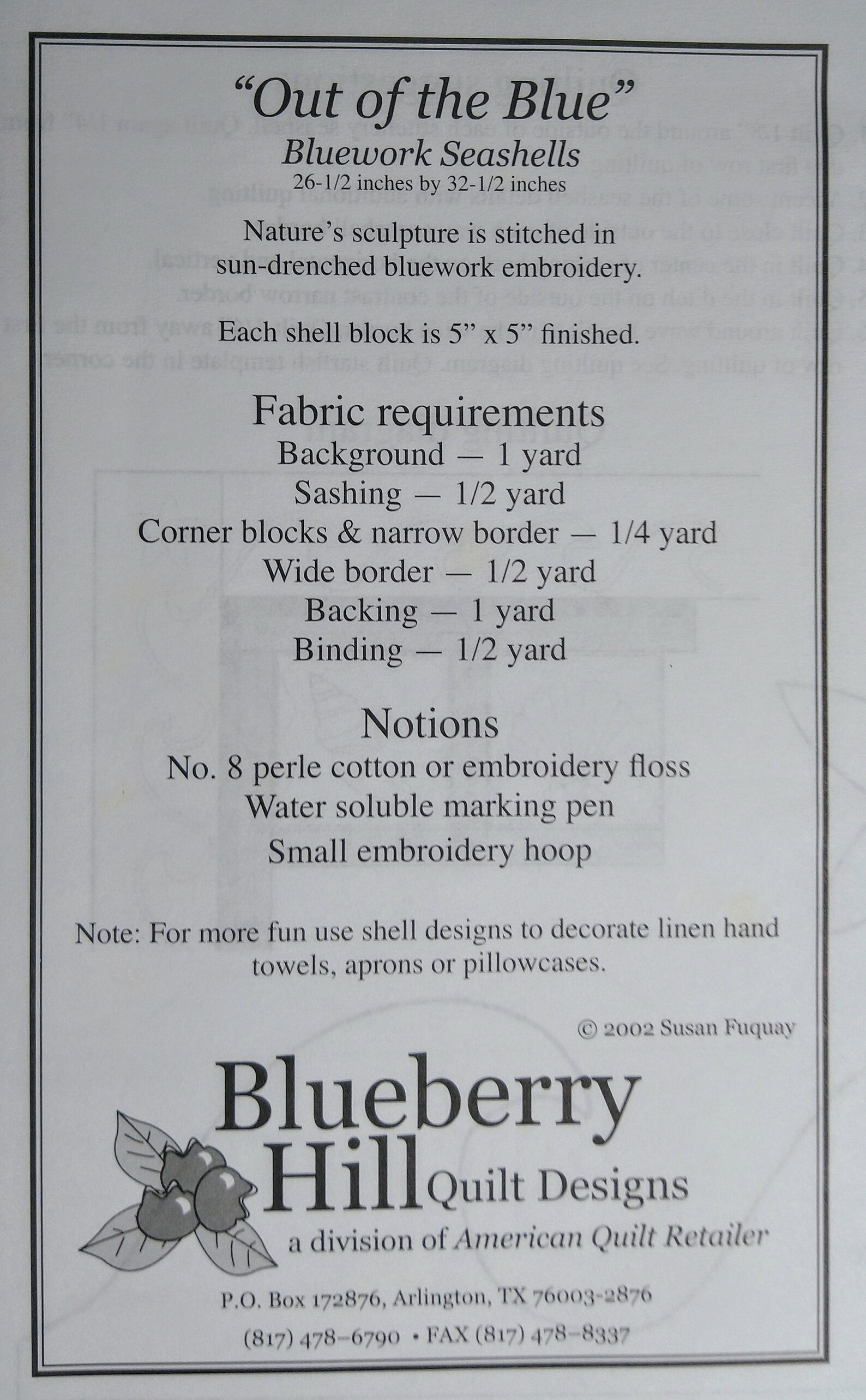 Out of the Blue Pattern for a Bluework Seashells Quilt Designed by ...