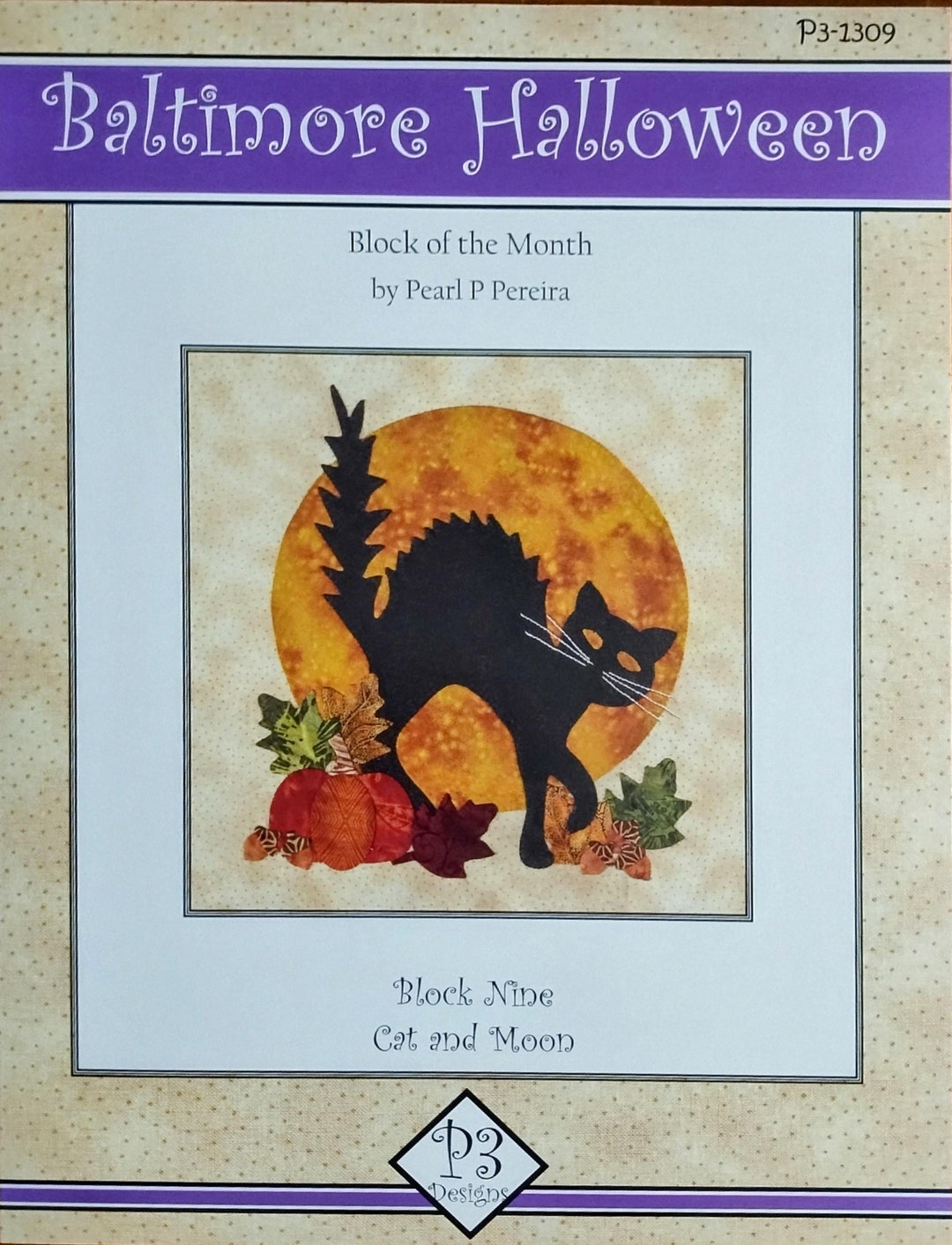 Cat and Moon Quilt Pattern Block 9 of the Baltimore Halloween Series ...