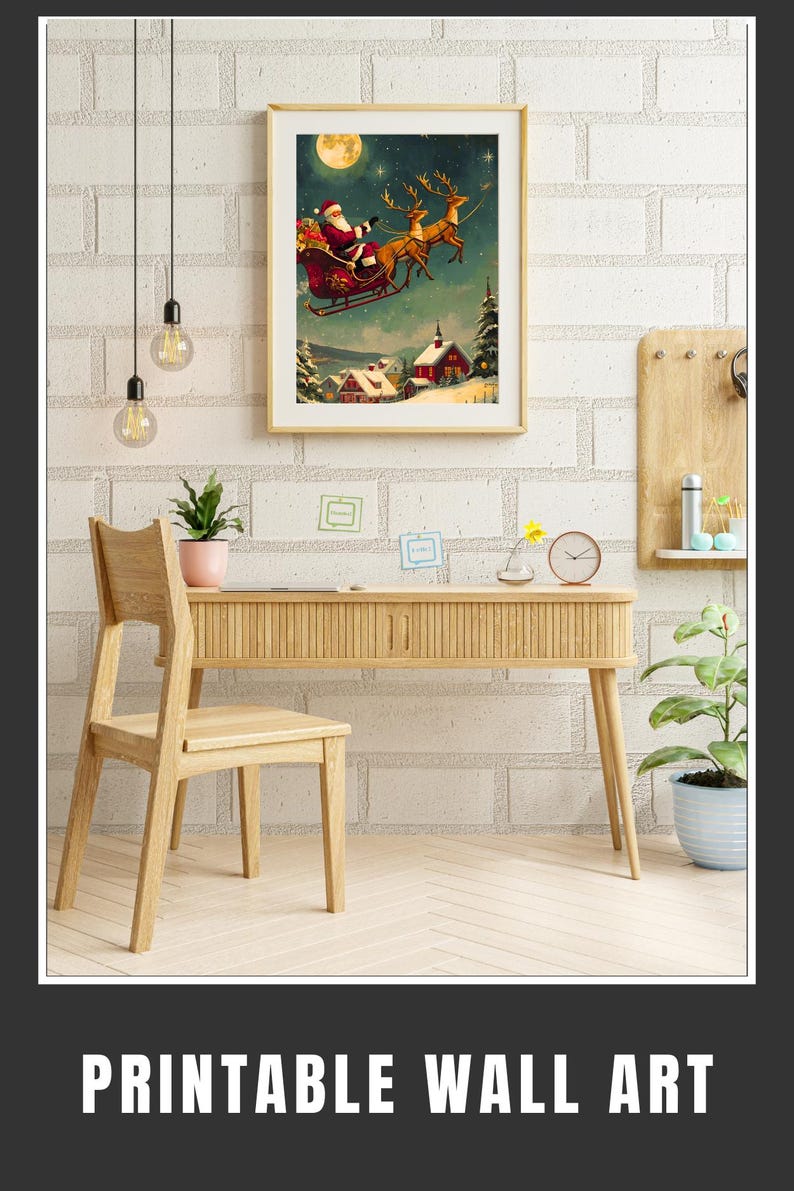 Vintage Santa Sleigh Christmas Art Print, Retro Winter Village (digital ...