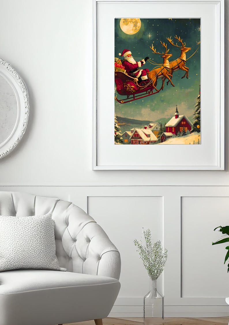 Vintage Santa Sleigh Christmas Art Print, Retro Winter Village (digital ...