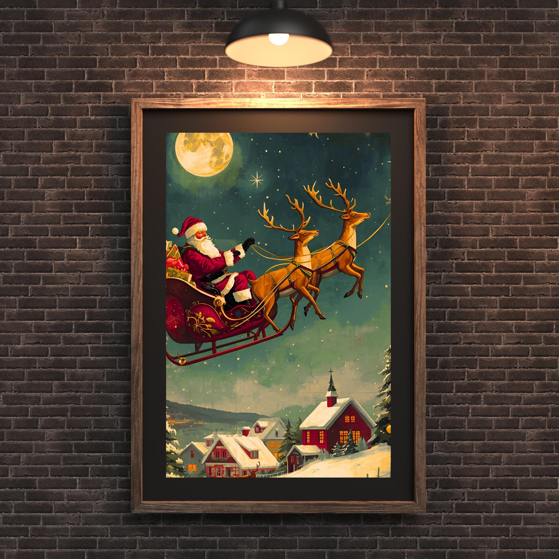 Vintage Santa Sleigh Christmas Art Print, Retro Winter Village (digital ...