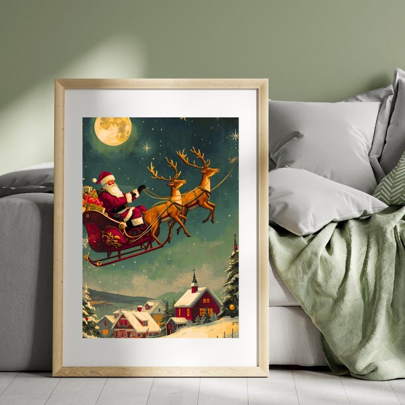Vintage Santa Sleigh Christmas Art Print, Retro Winter Village (digital ...