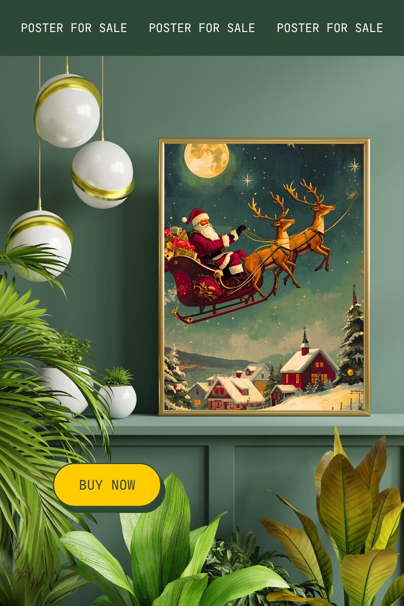 Vintage Santa Sleigh Christmas Art Print, Retro Winter Village (digital ...