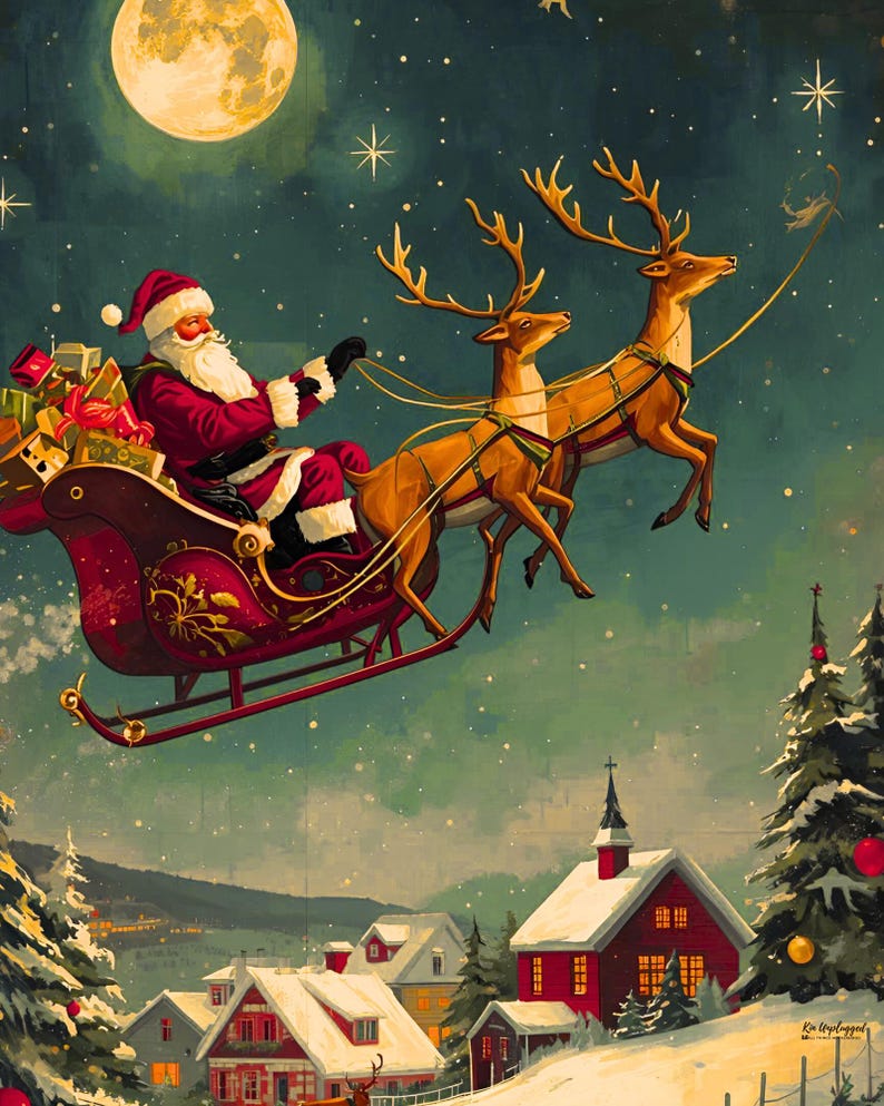 Vintage Santa Sleigh Christmas Art Print, Retro Winter Village (digital ...