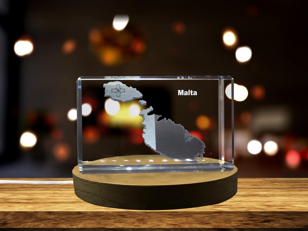 Malta 3D Engraved Crystal Keepsake With LED Base - Unique Recognition ...