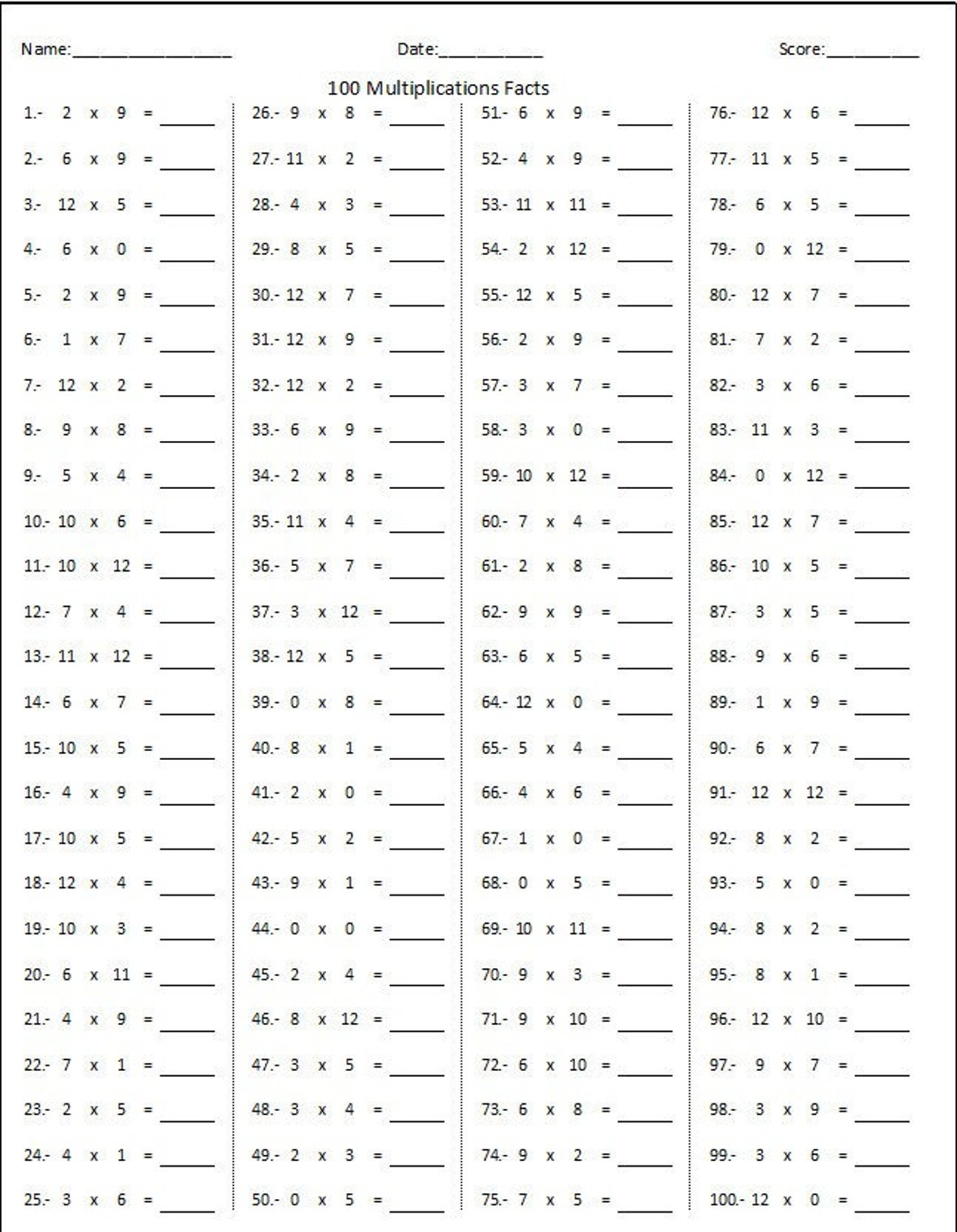 100 Multiplications Facts - Etsy
