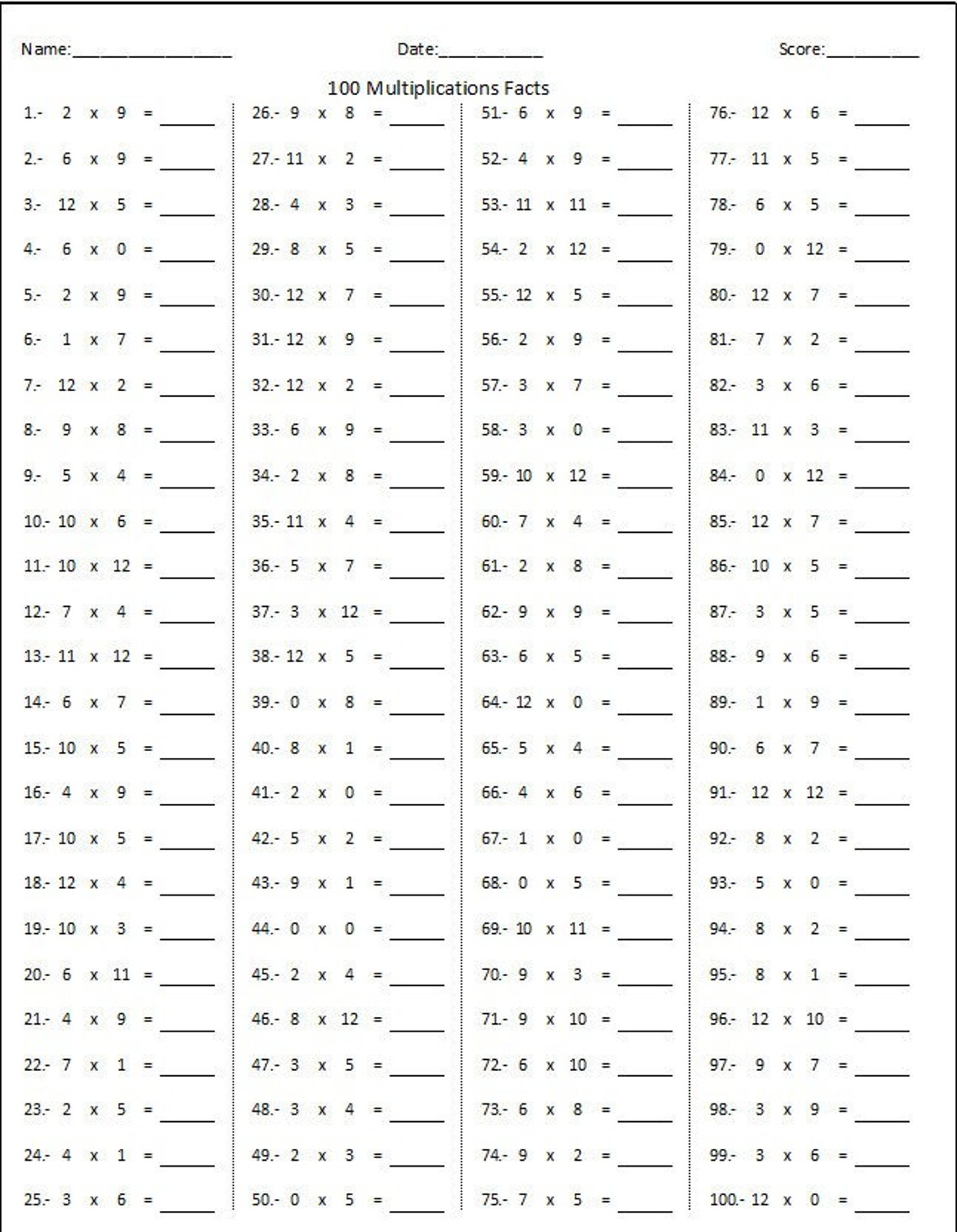 100 Multiplications Facts - Etsy