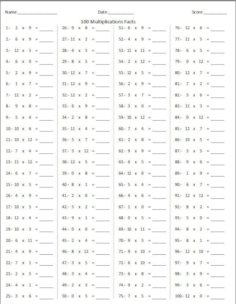 100 Multiplications Facts - Etsy