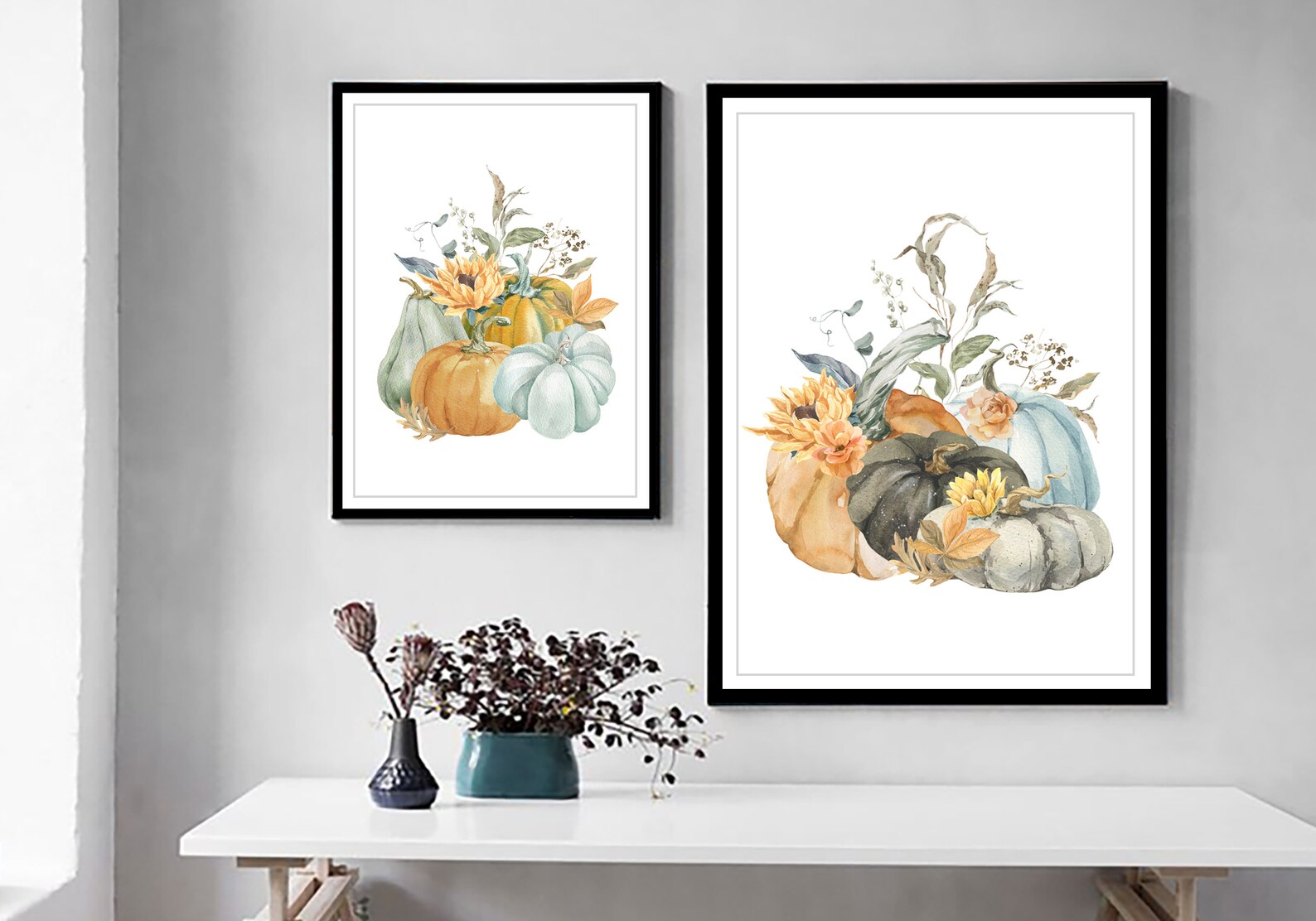Fall Pumpkin Printable Art Set With Flowers Autumn Wall Art | Etsy